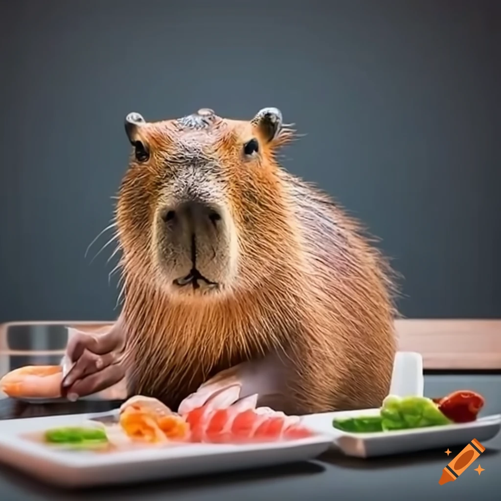 Capybara chef making nigiri at a riverside sushi bar on Craiyon