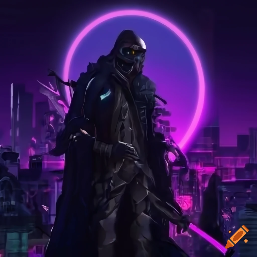 Knight with scythe and flowing cloak in retrowave synthwave cyberpunk ...