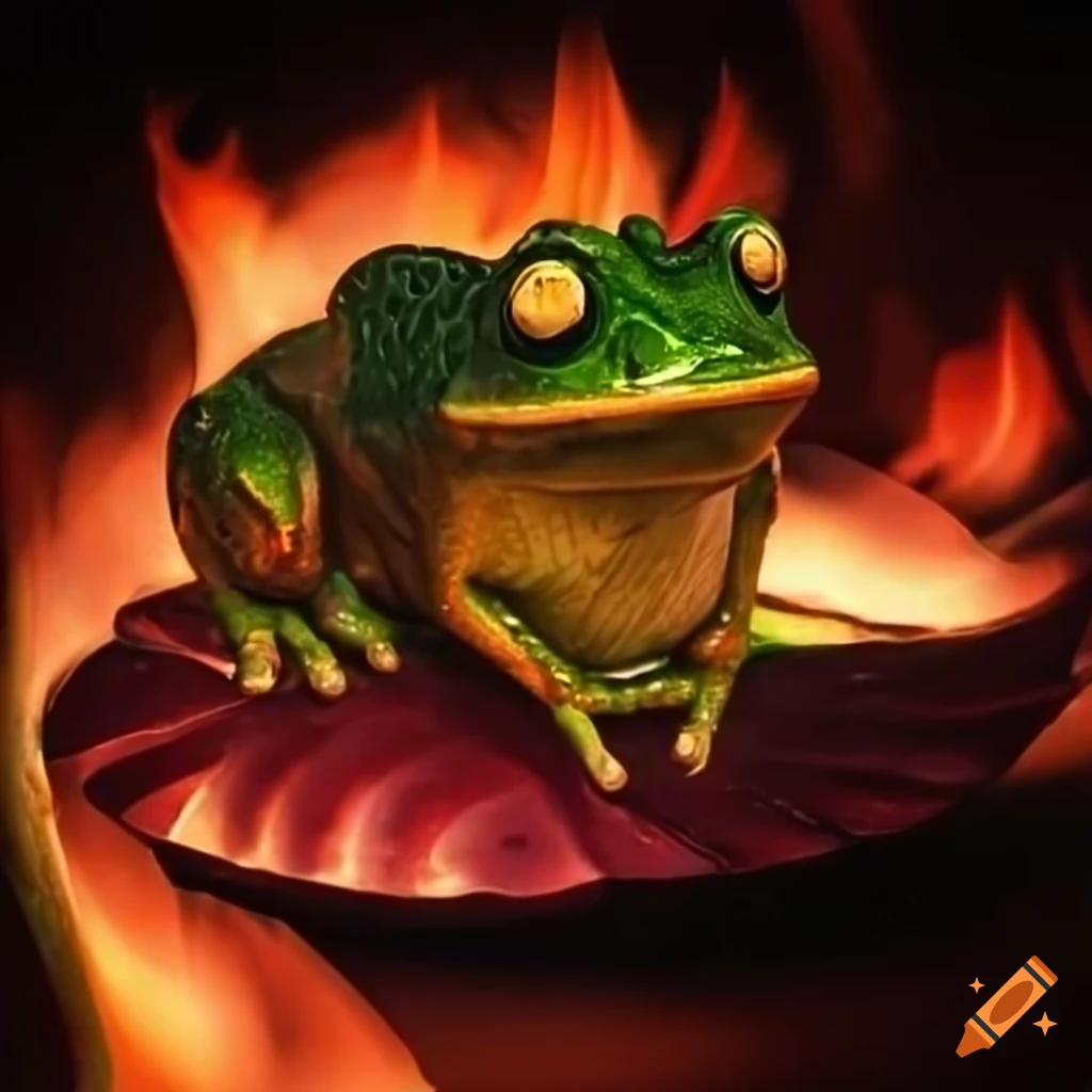 Frog demon on fiery lily pad on Craiyon