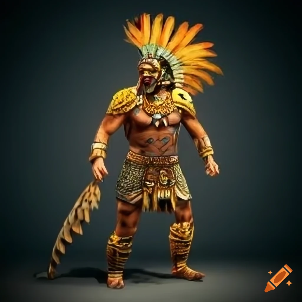 Ancient aztec warriors on top of a pyramid - one jaguar warrior and the other eagle warrior on ...