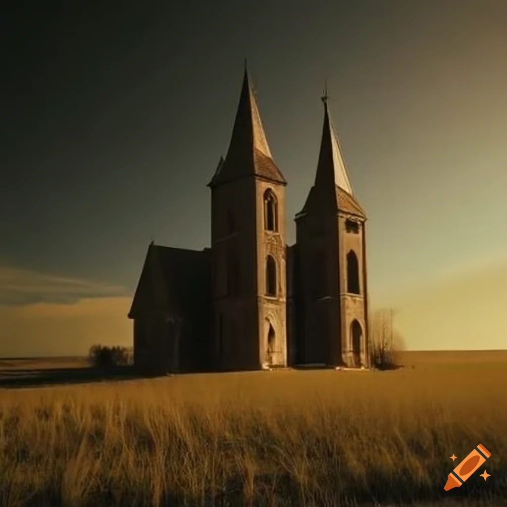 Southern gothic church in the middle of a field on Craiyon
