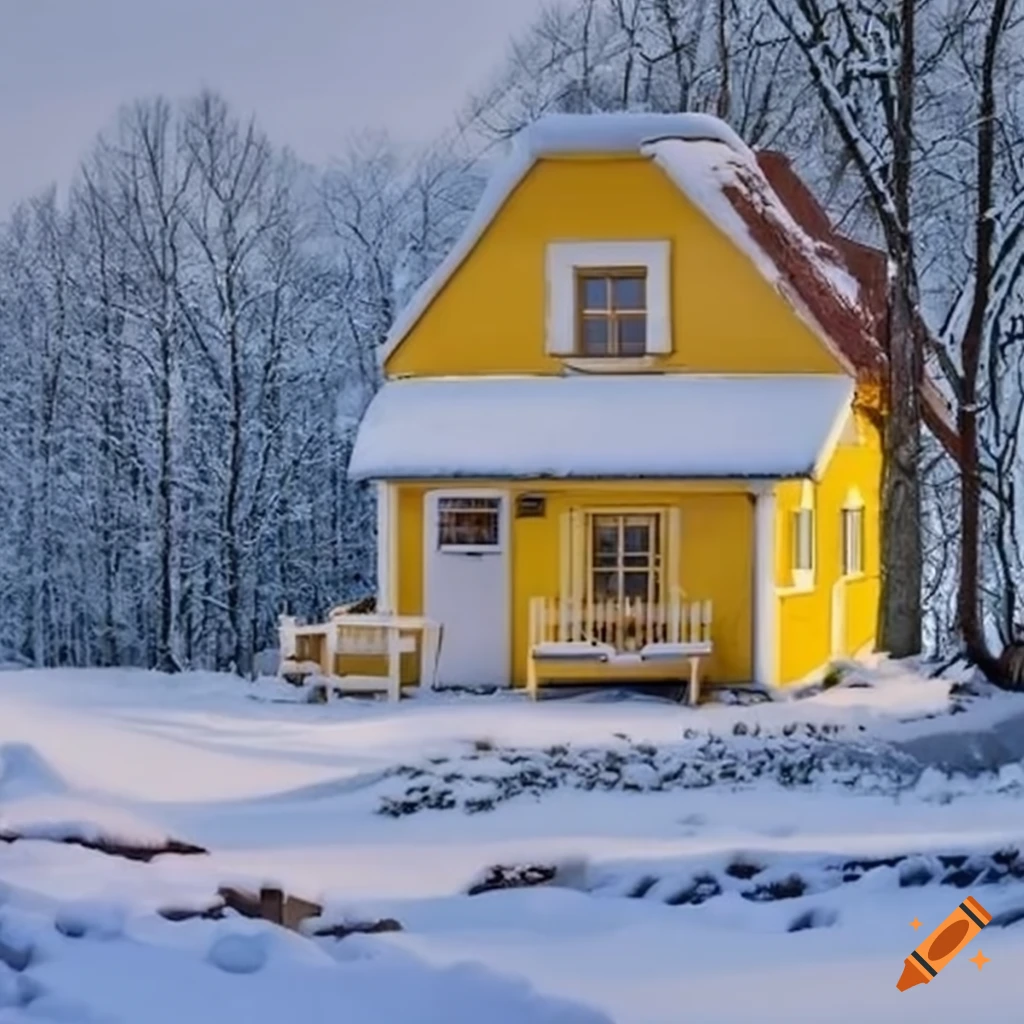 Charming small yellow cottage in a snowy scene on Craiyon