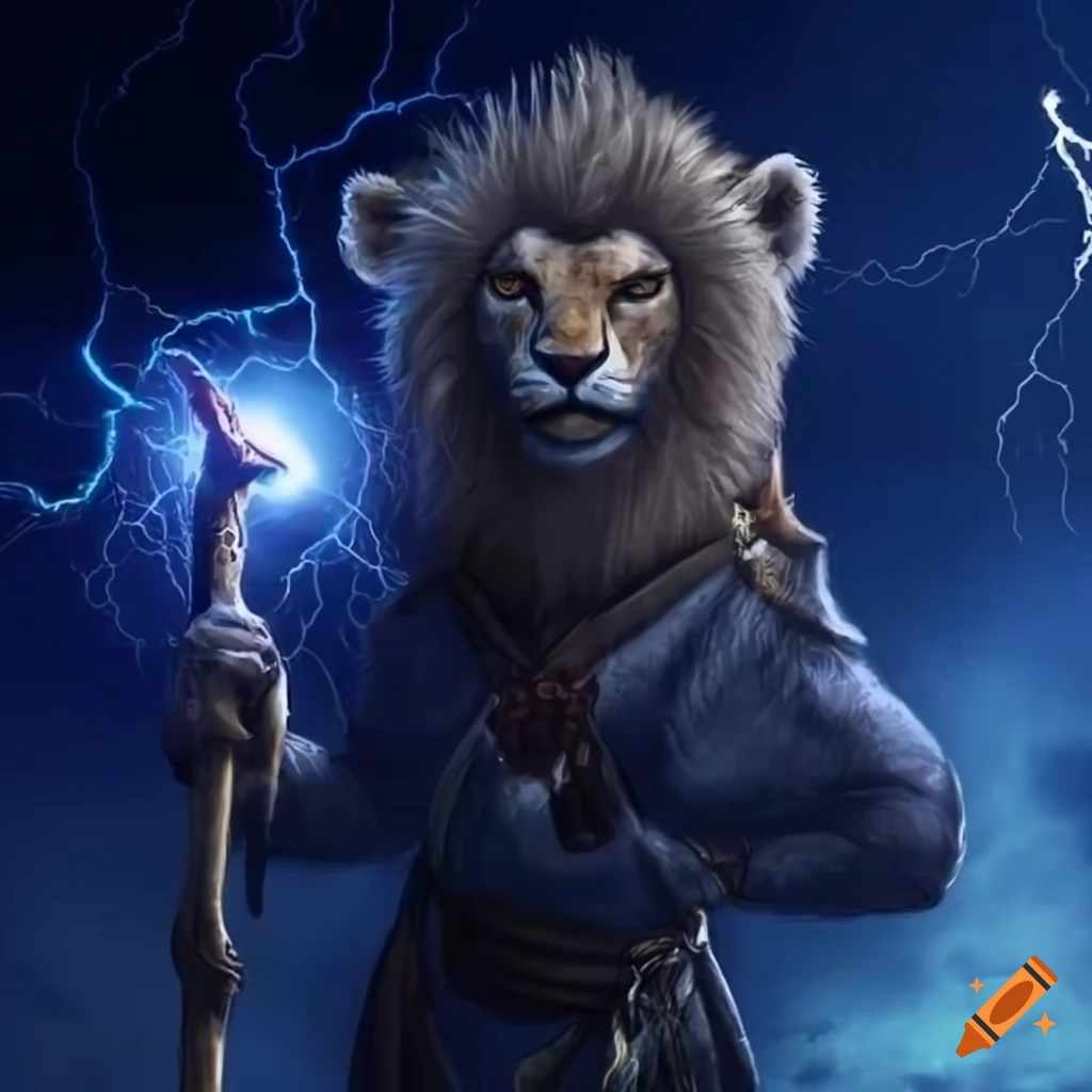 Lion wizard surrounded by lightning with a staff in hand on Craiyon
