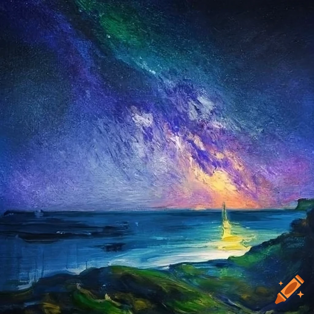 Starry sky along the coast of ouessant in van gogh style oil painting on Craiyon