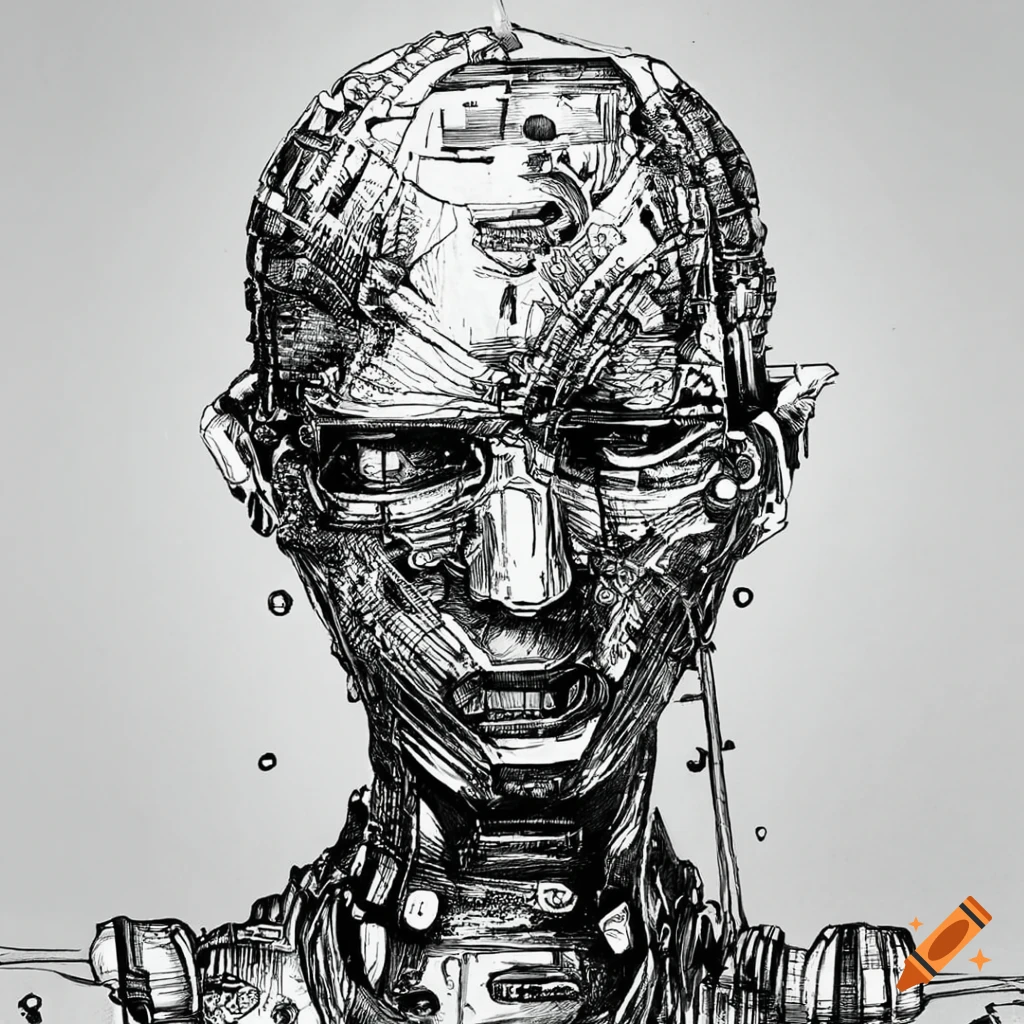 Detailed pen ink drawings of a robotic man in black and white on Craiyon
