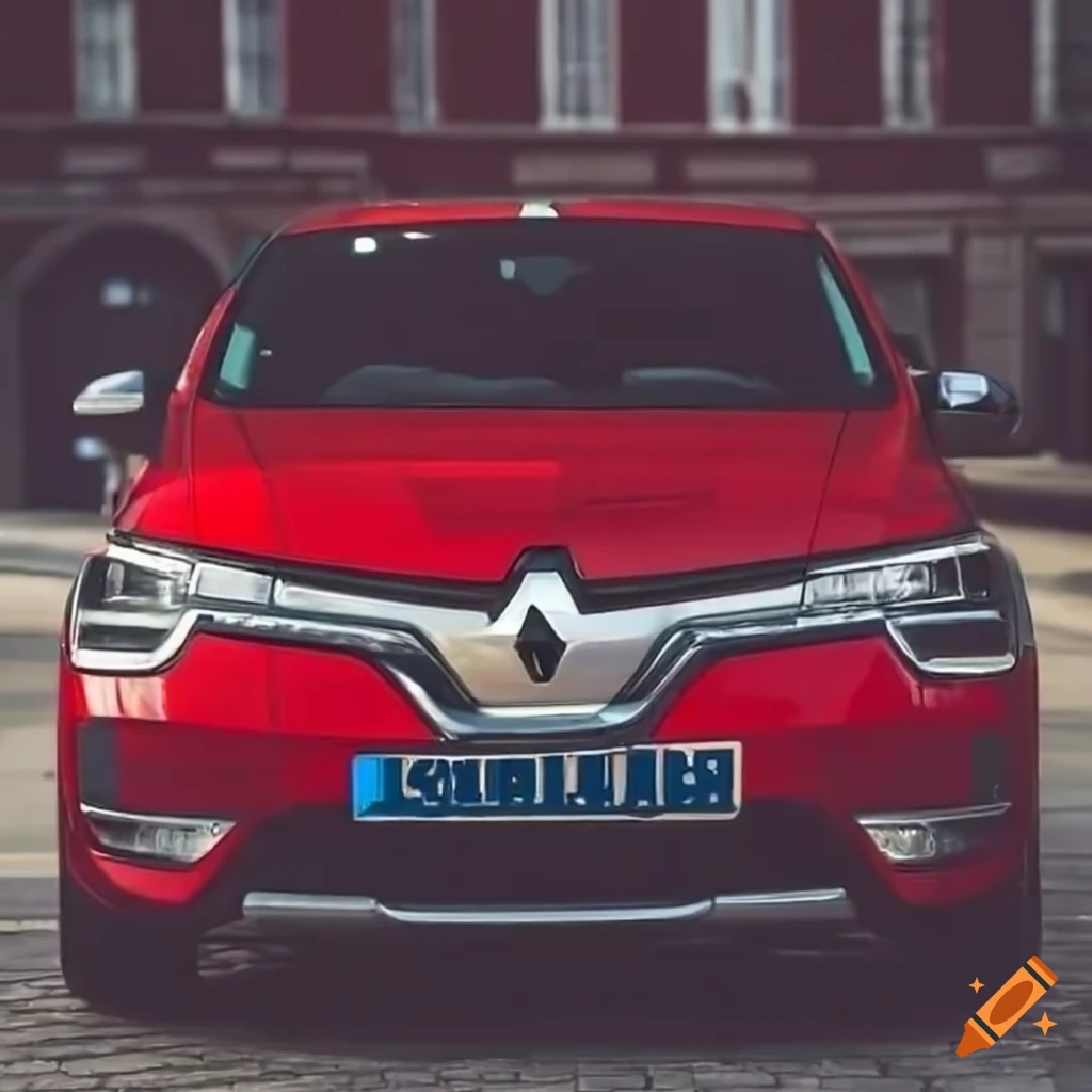 Elegant red Renault car parked on a city street with distorted logo on ...