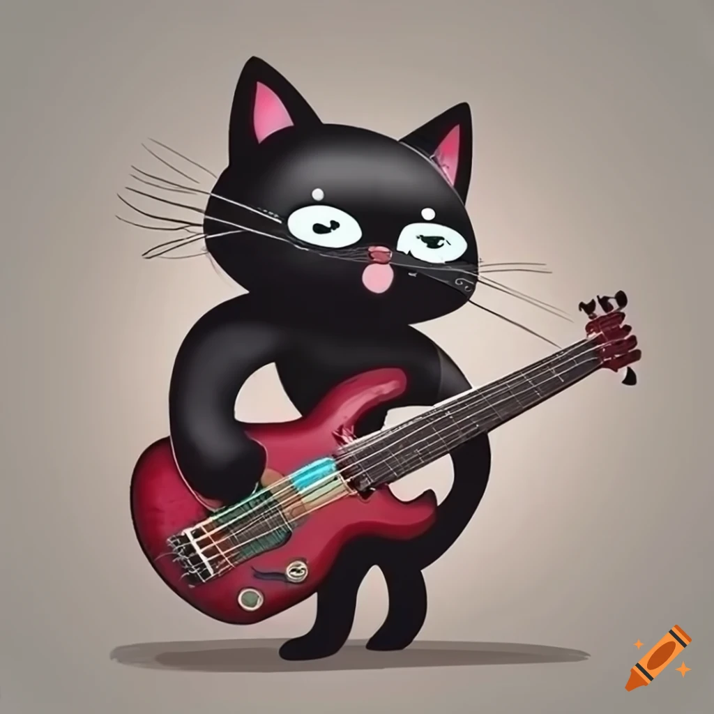 Cute black cartoon cat playing bass guitar on Craiyon