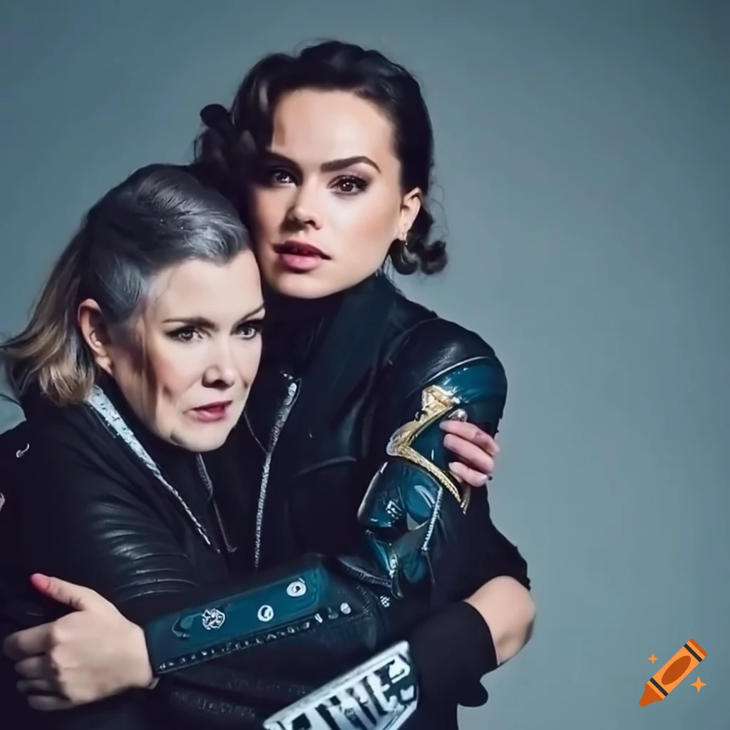 Carrie fisher hugging daisy ridley in detailed star wars cosplay on Craiyon