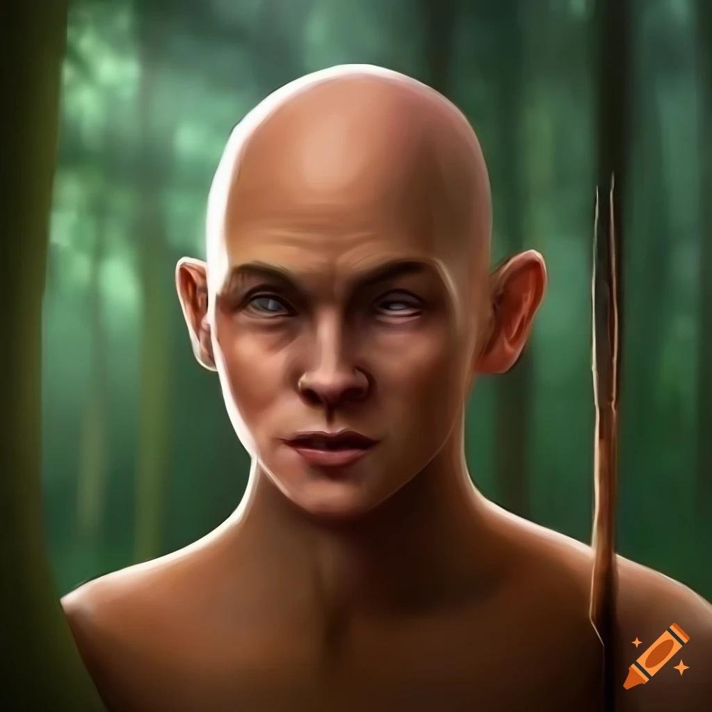 Peaceful bald monk with a bo staff in a forest on Craiyon