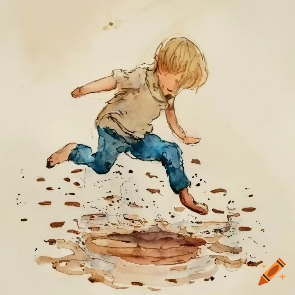 Blonde boy jumping in a puddle in Carl Larsson style watercolor and ink ...