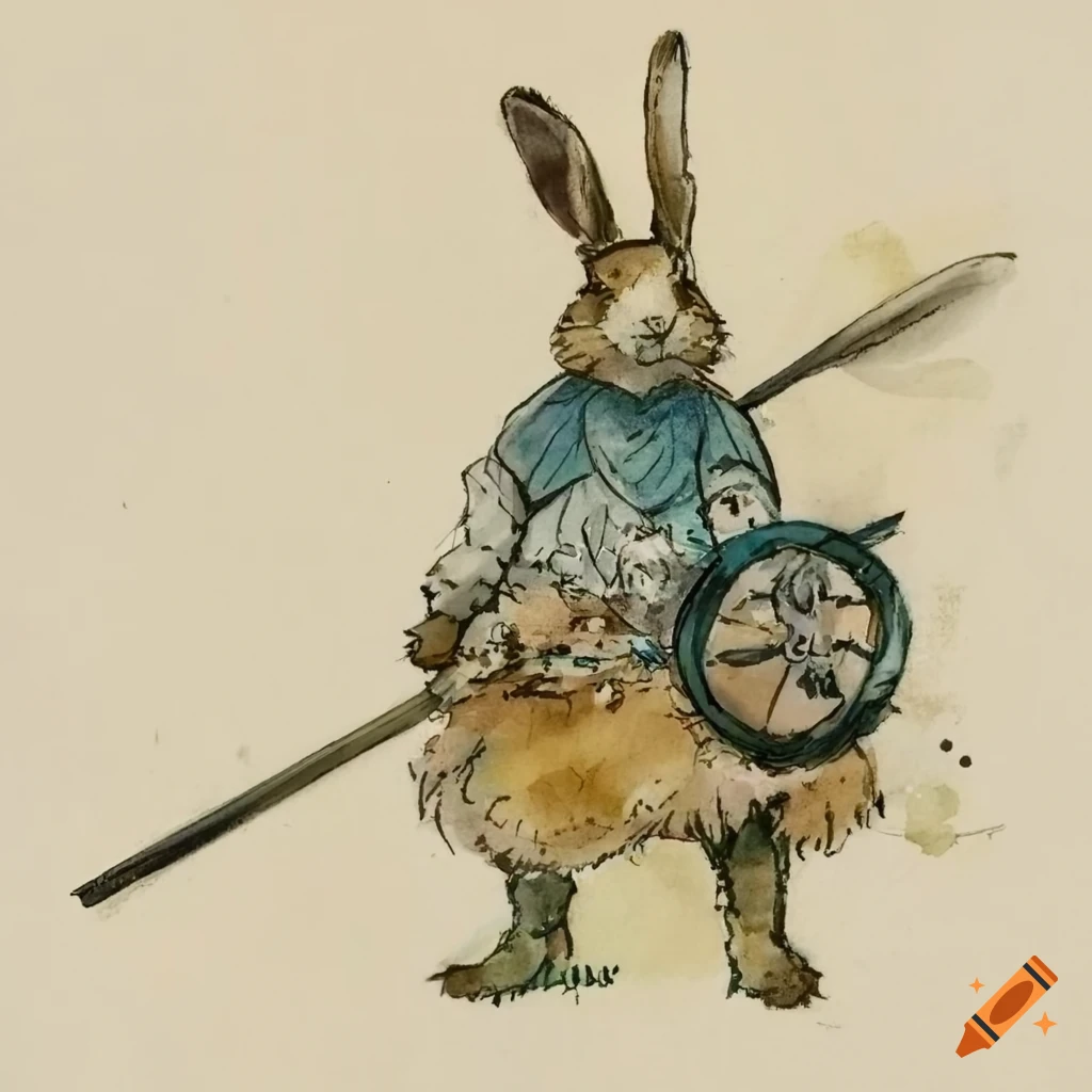 Rabbit warrior watercolor and ink sketch in the style of Carl Larsson ...