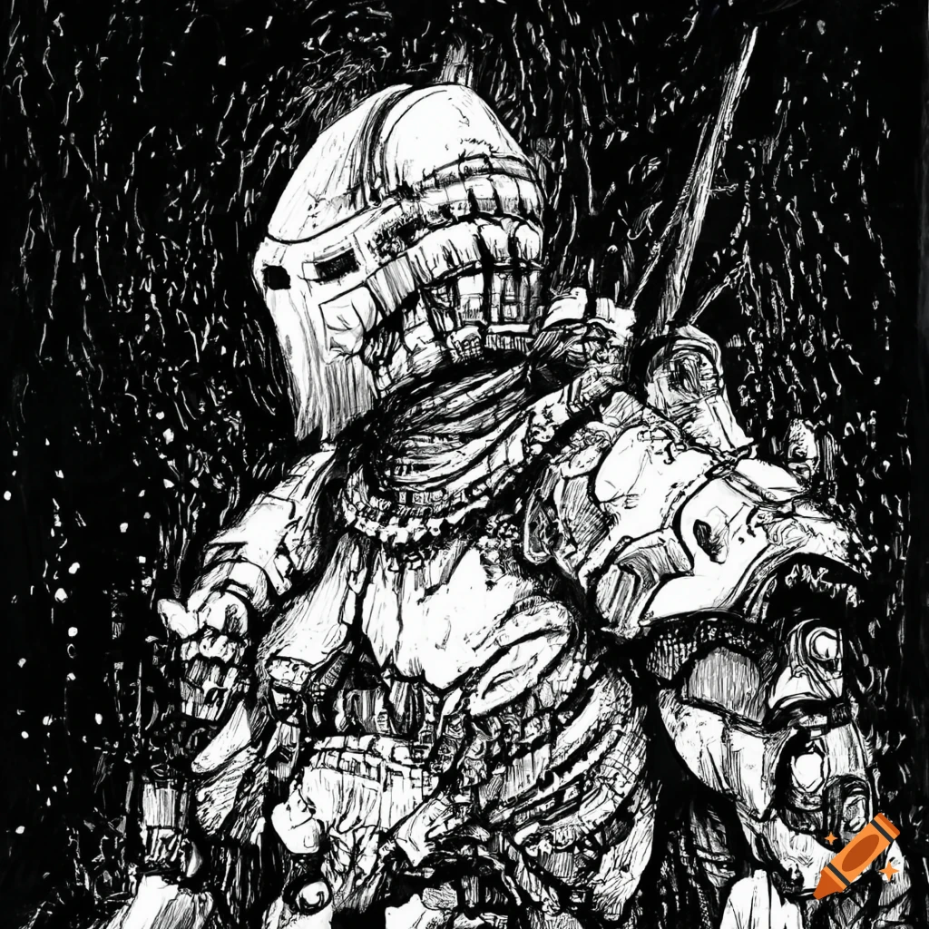 Detailed pen ink drawing of a futuristic knight in black and white on ...
