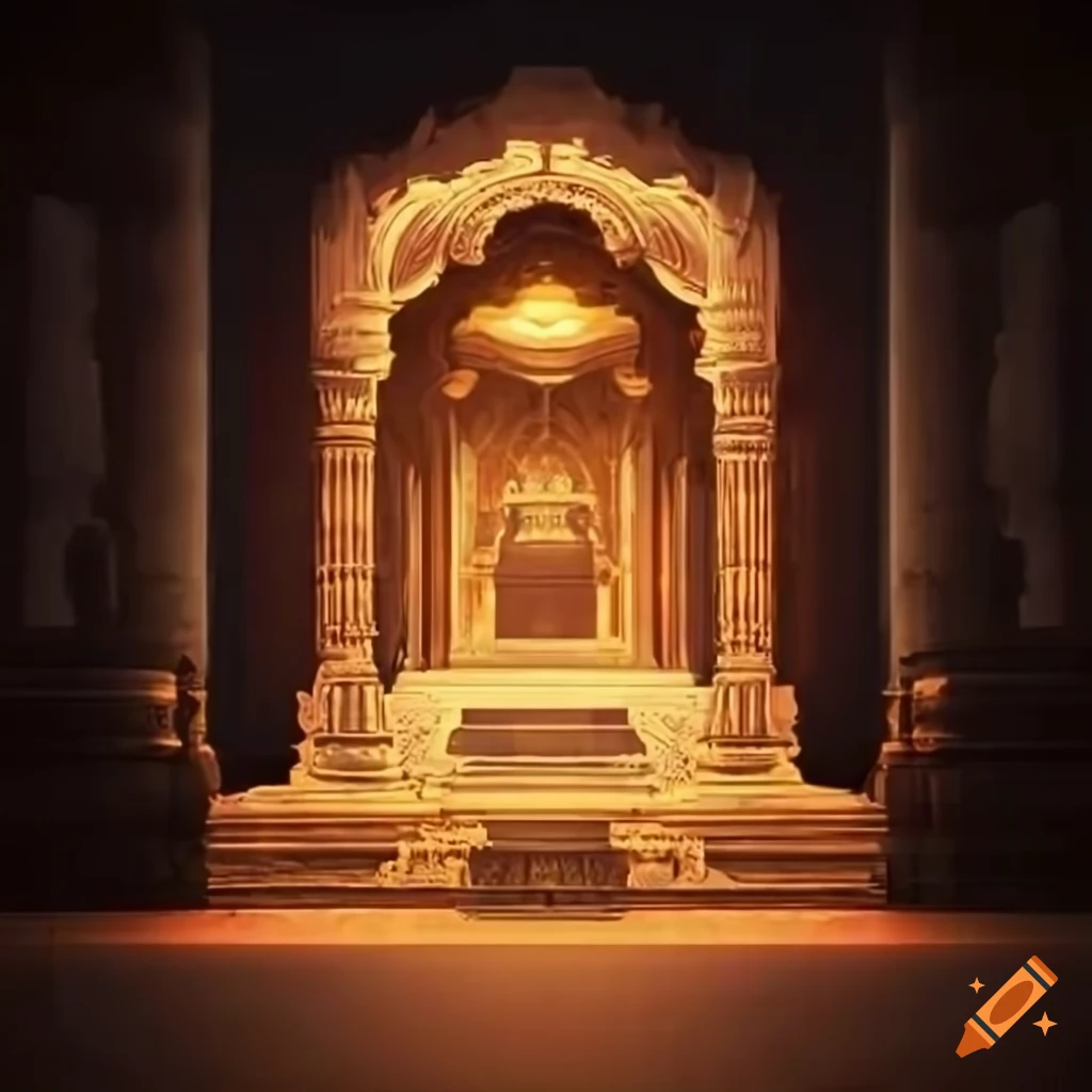 Interior of an ancient marble temple with precious elements and metals ...