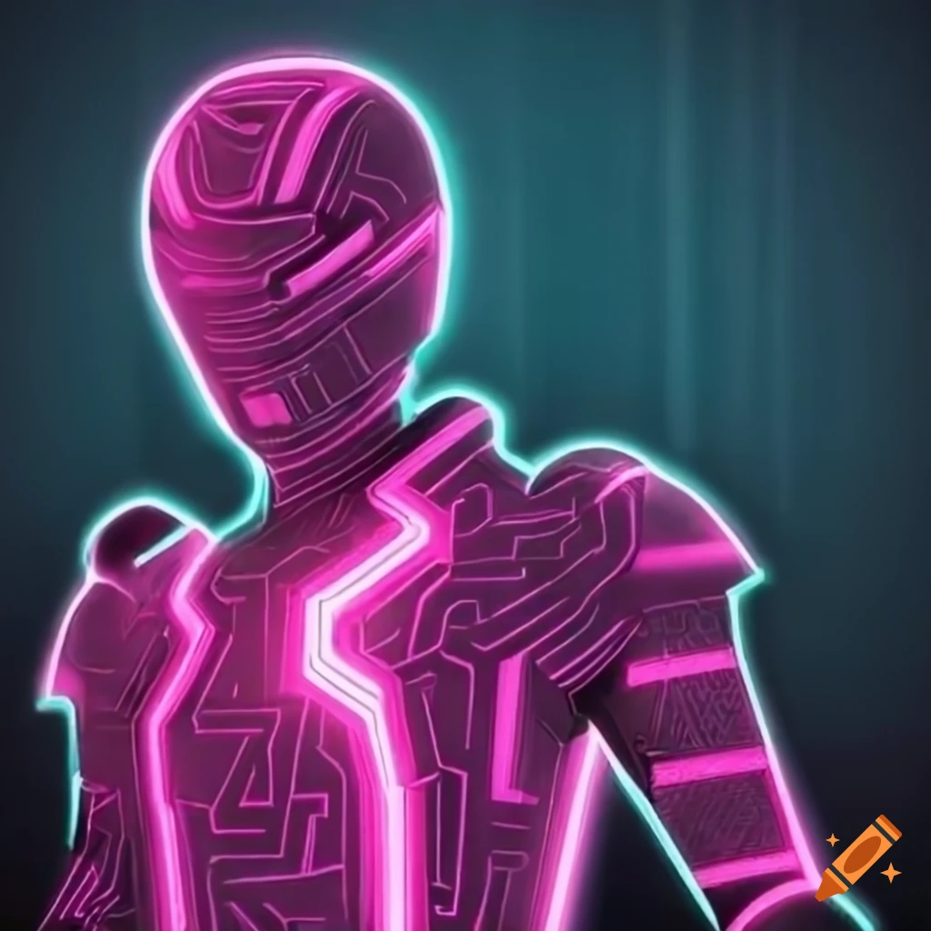 Man wearing pink Tron-style maze-patterned armor on Craiyon