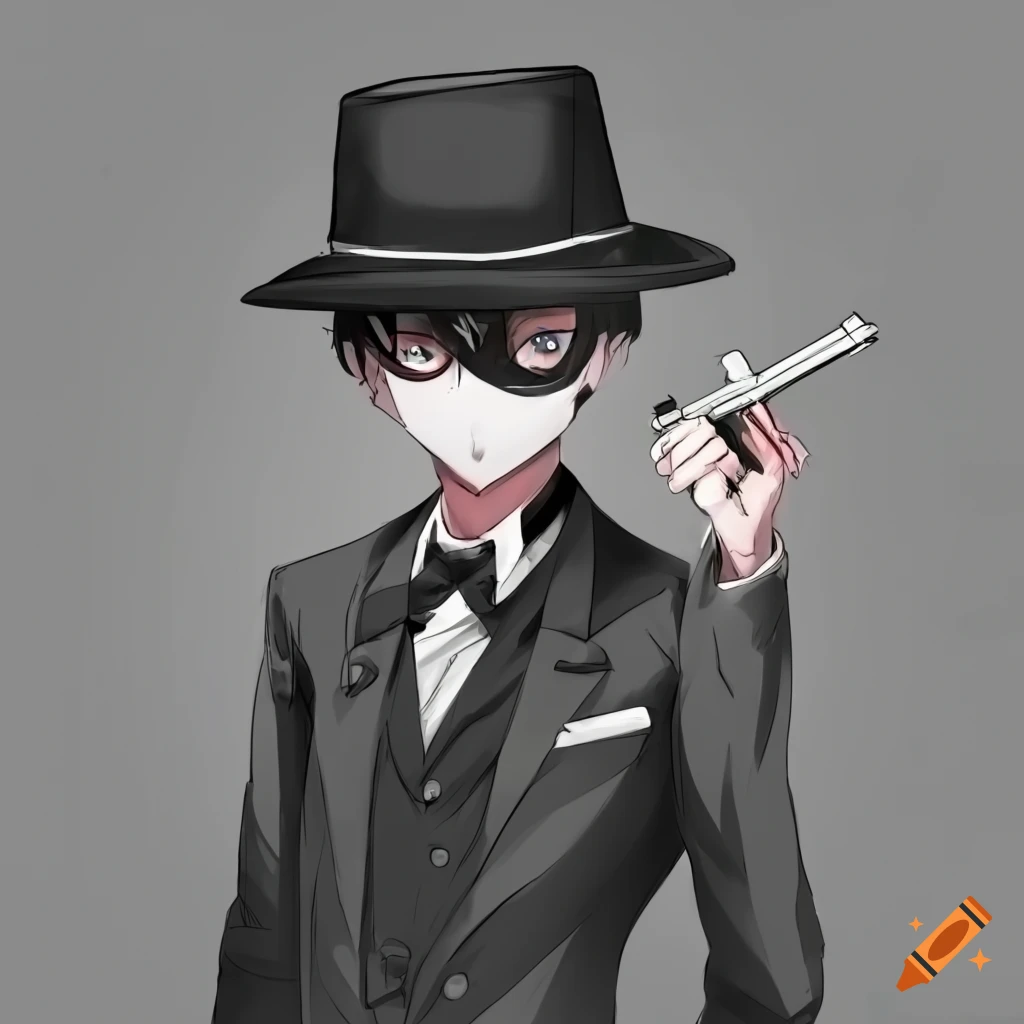 Masked anime mafia boy with a fedora and tuxedo pointing a gun on Craiyon