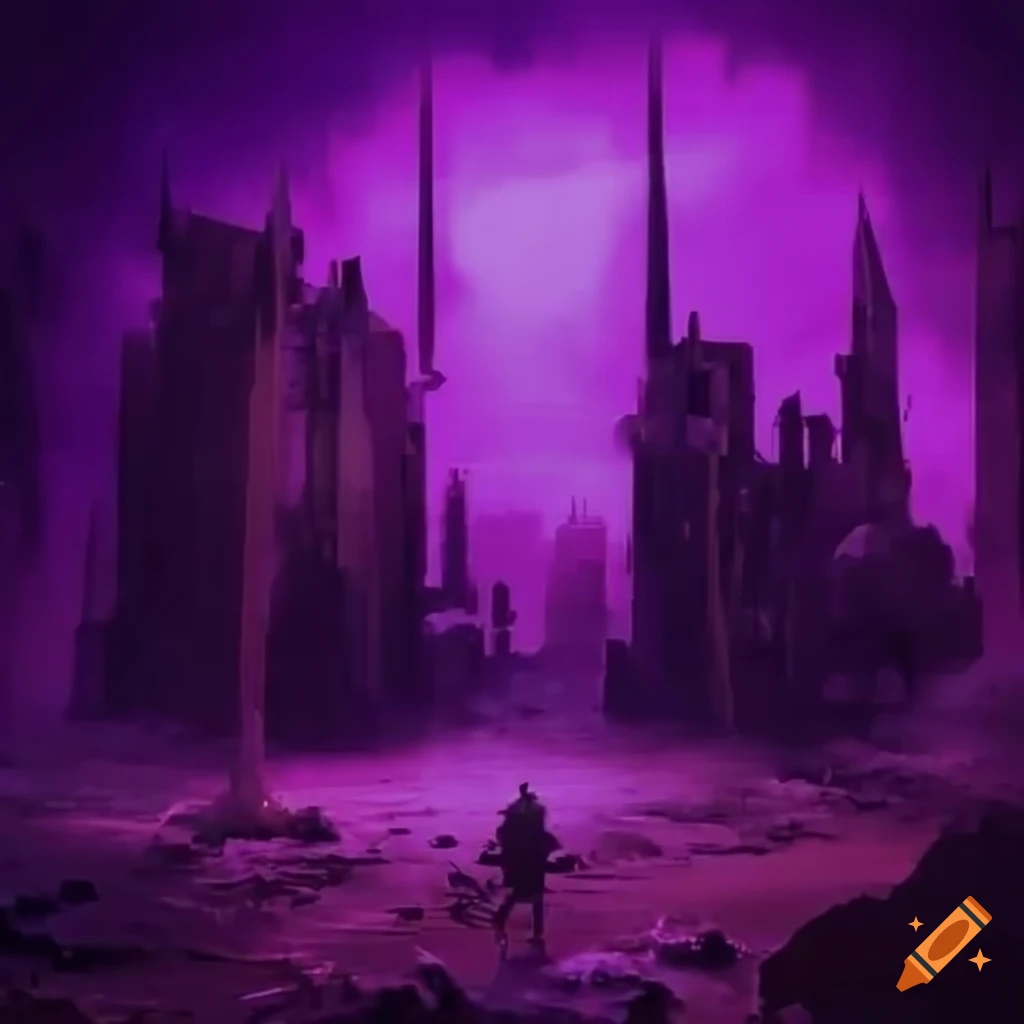 Desolate high-tech wasteland with a purple color theme on Craiyon