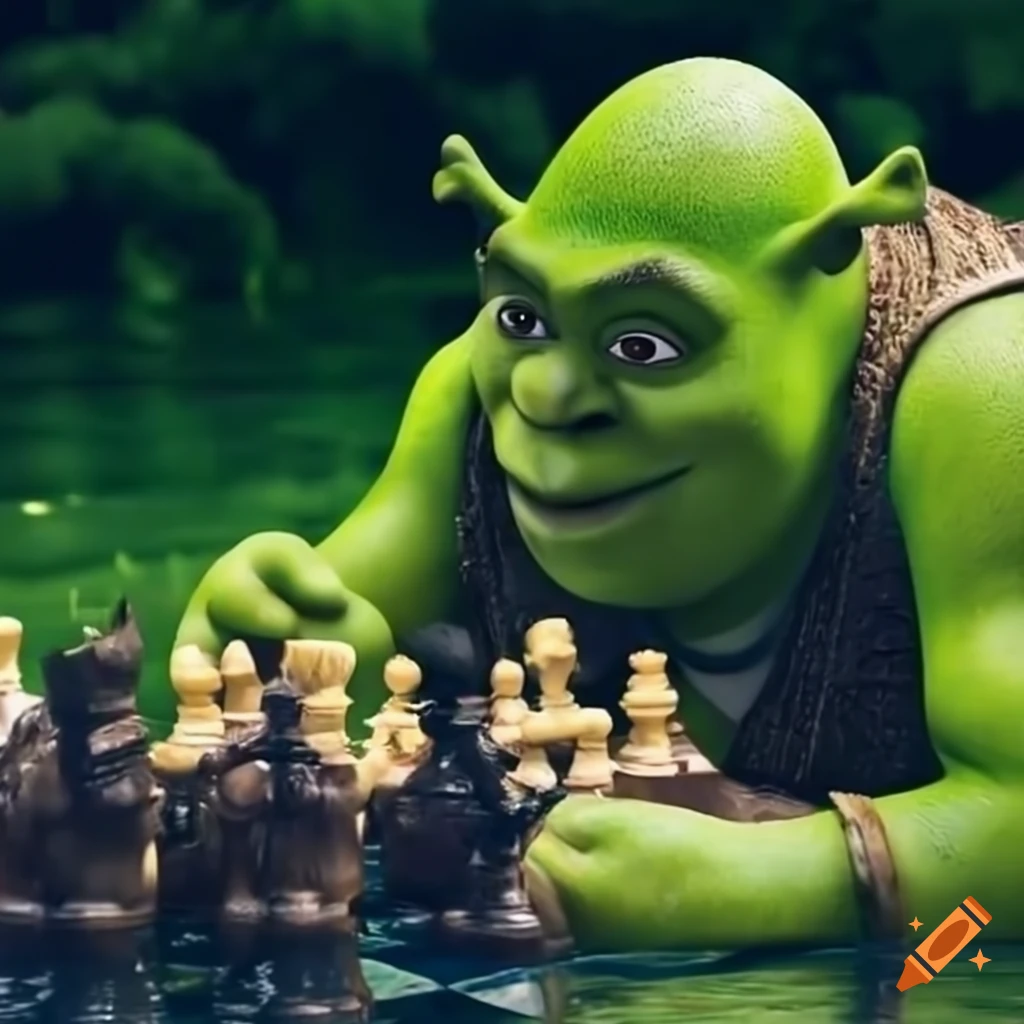 Shrek playing chess in a swamp on Craiyon