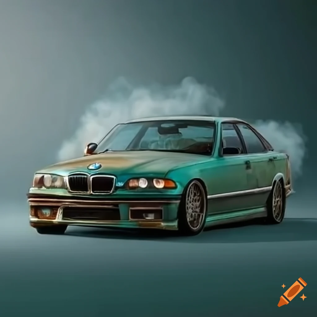 Rusty green bmw e36 sedan with smoke from the hood on Craiyon