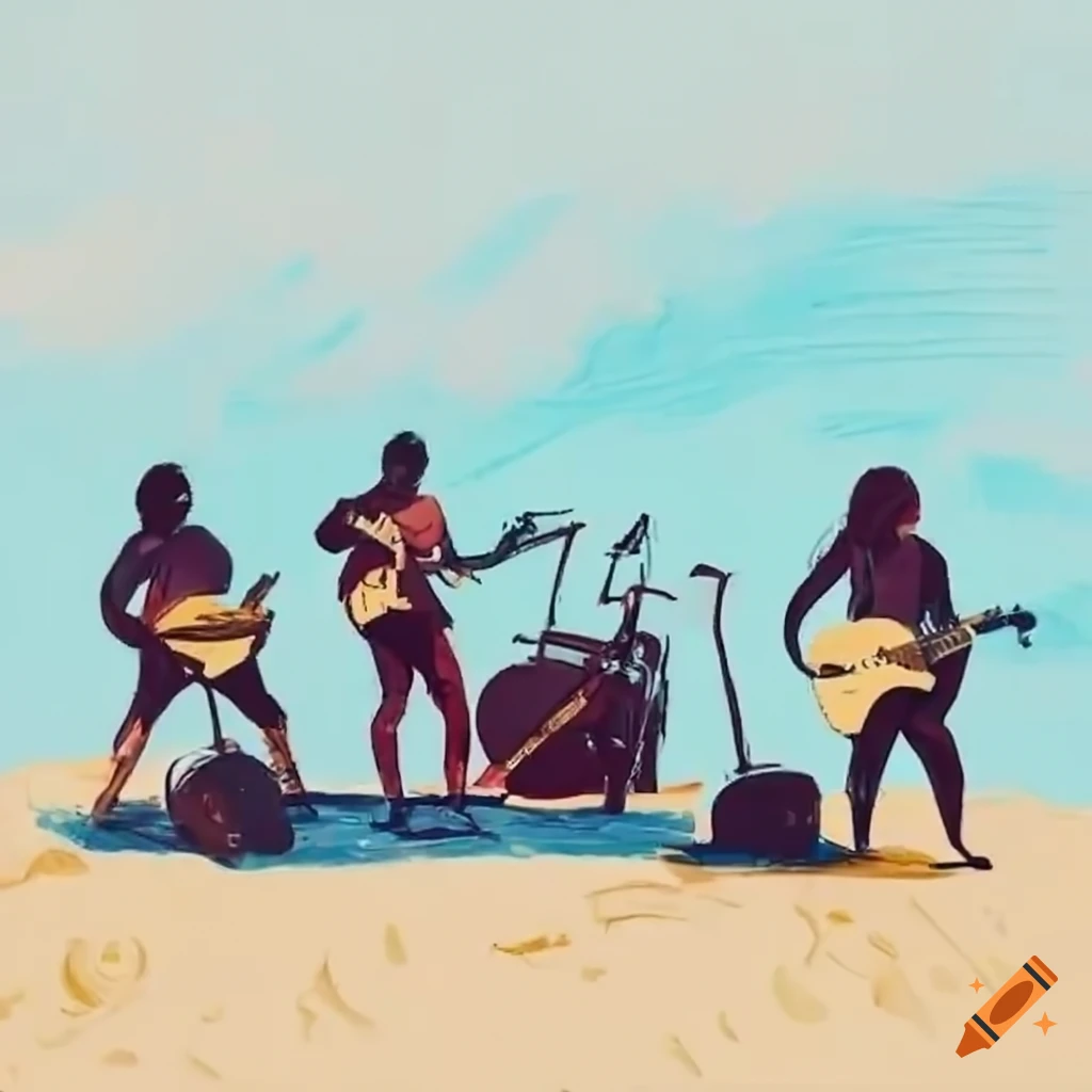 Rock band playing music on the beach on Craiyon