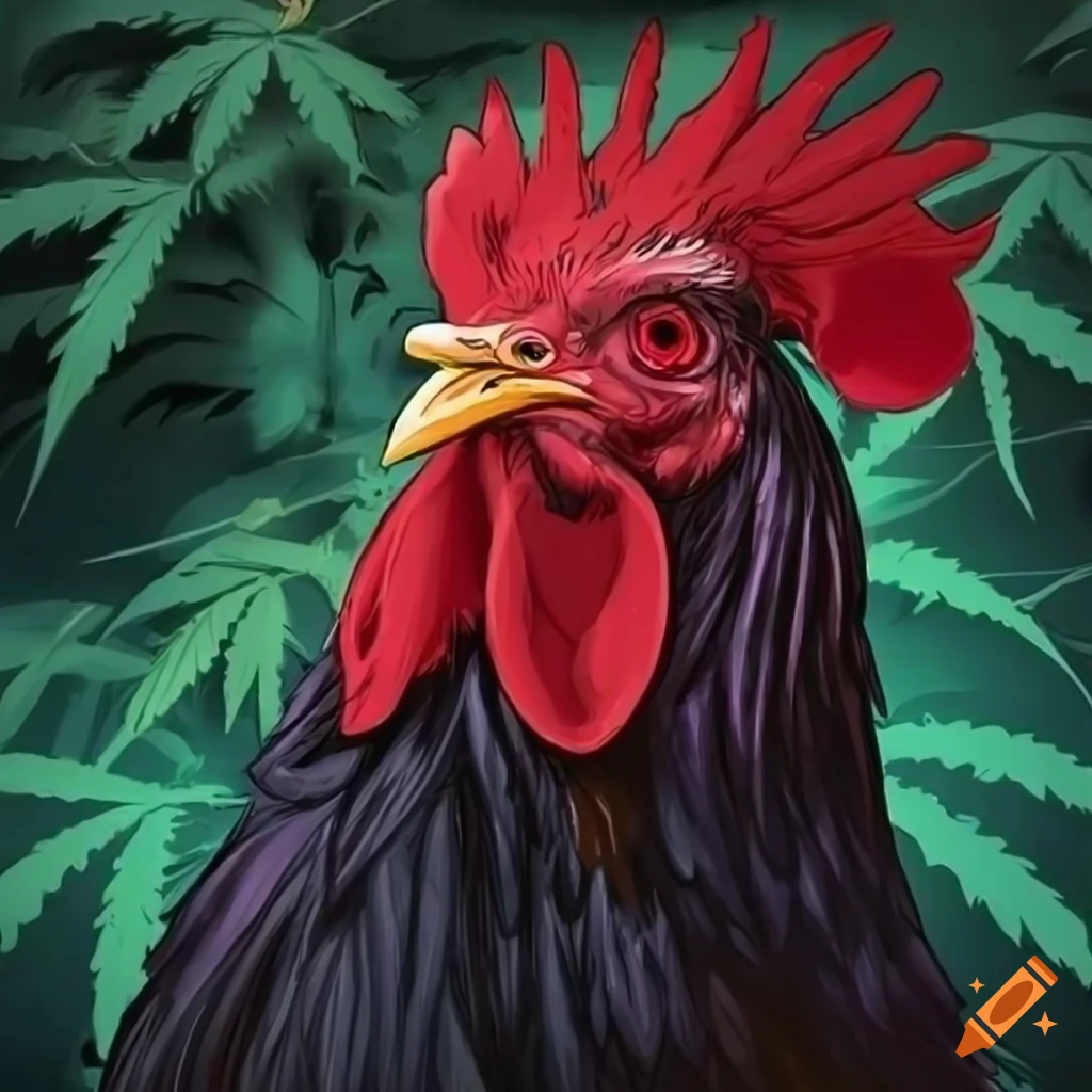 Smiling rooster with red eyes in a cannabis farm, comics style on Craiyon