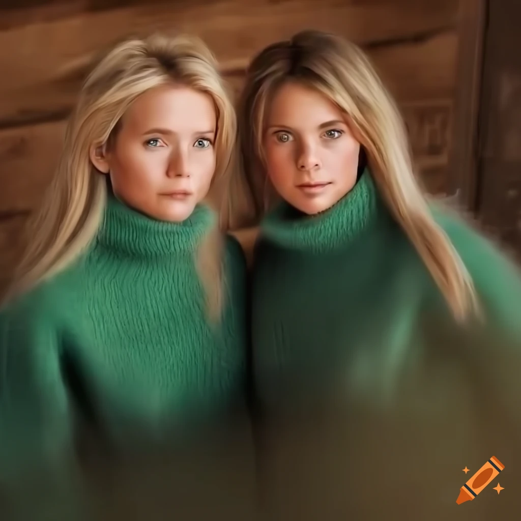 Two blonde female twins in stylish outfits standing in a barn doorway ...