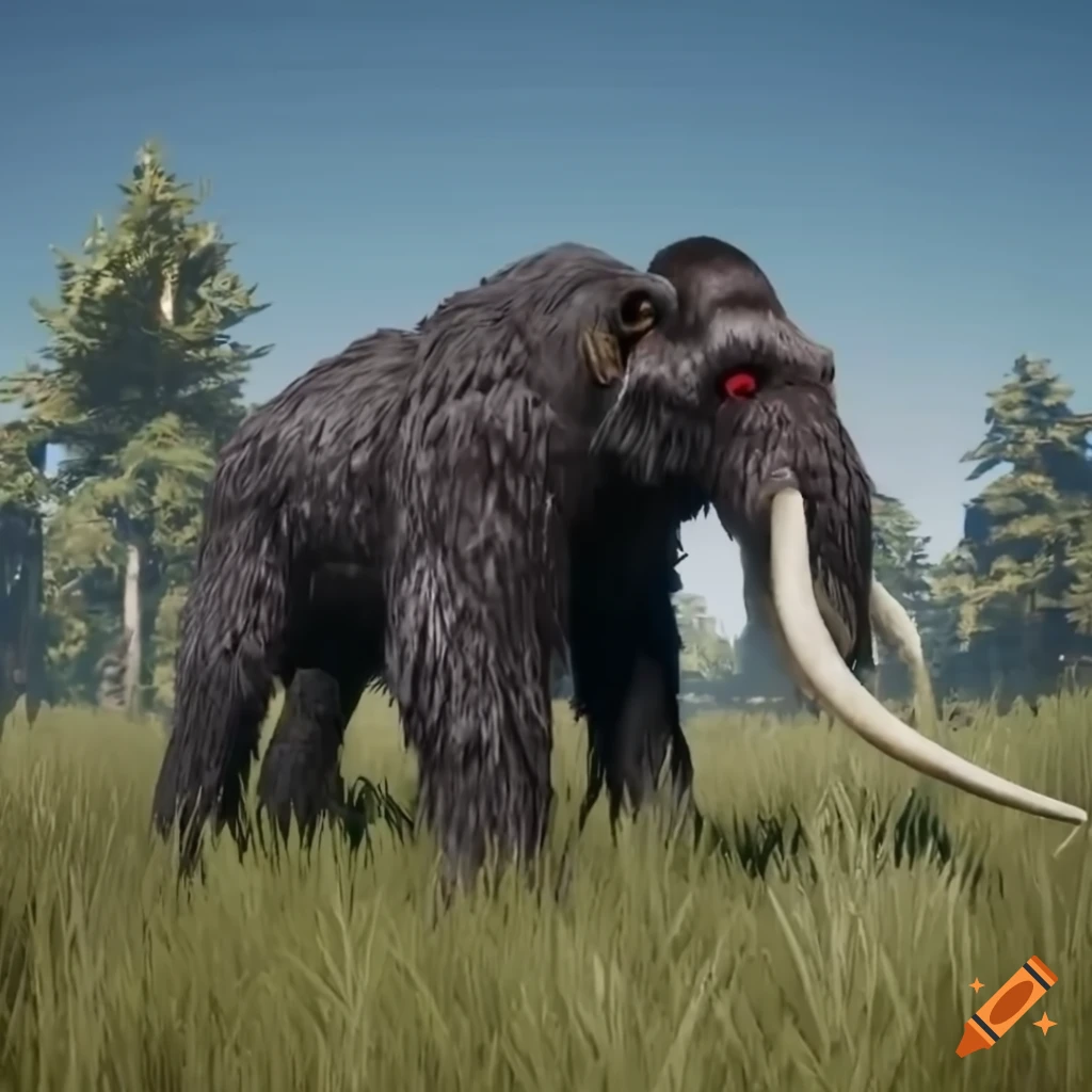 Black mammoth with red eyes in savanna with trees and blue sky on Craiyon