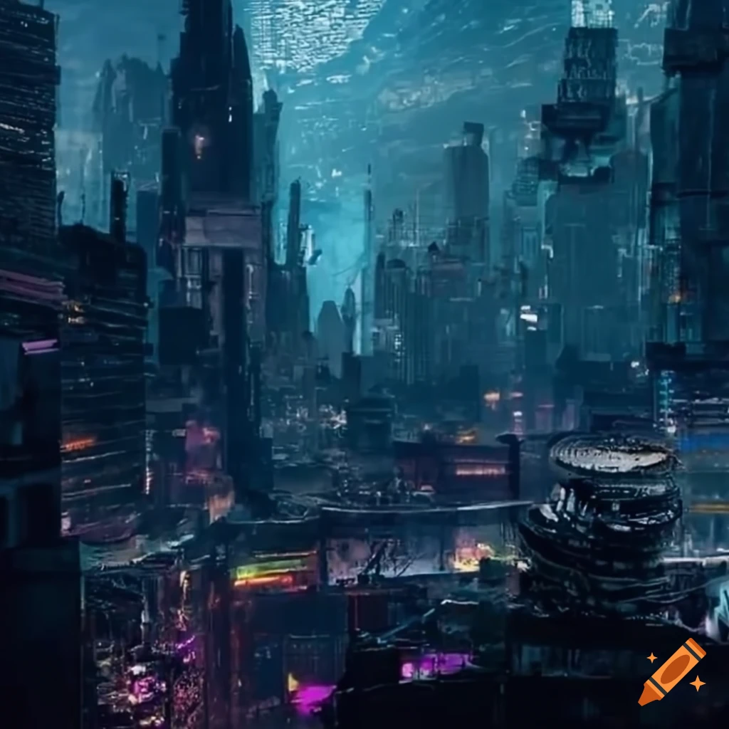 Ruined cyberpunk city under a city-wide dome on Craiyon