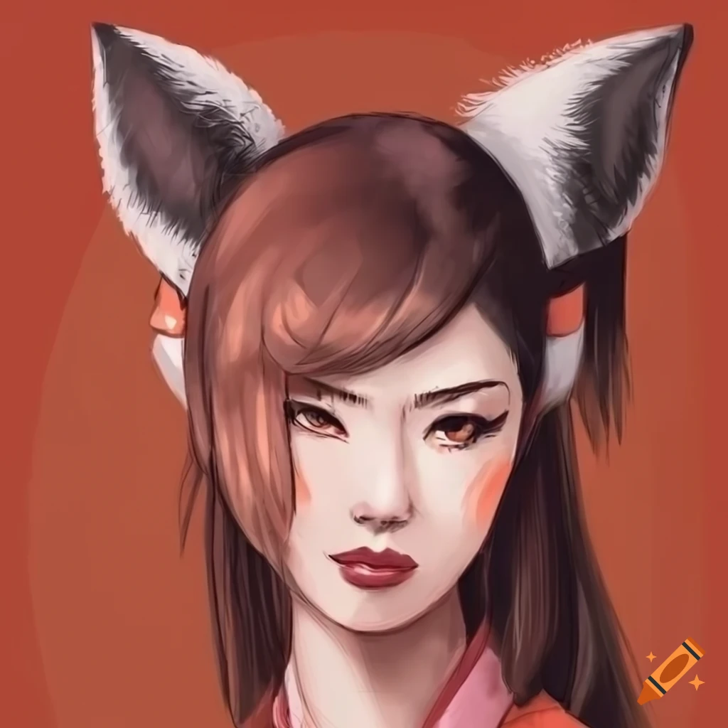 Artistic depiction of a woman with fox ears and tails in traditional ...