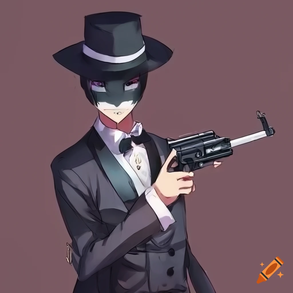Masked anime boy in tuxedo and fedora with a gun on Craiyon