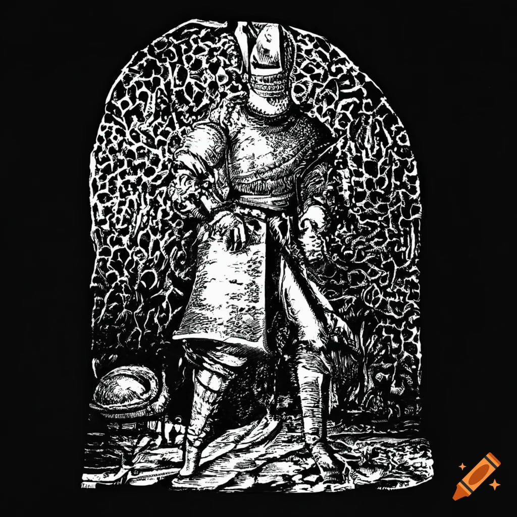 Detailed woodcut of a Lovecraftian medieval knight monster in the style ...