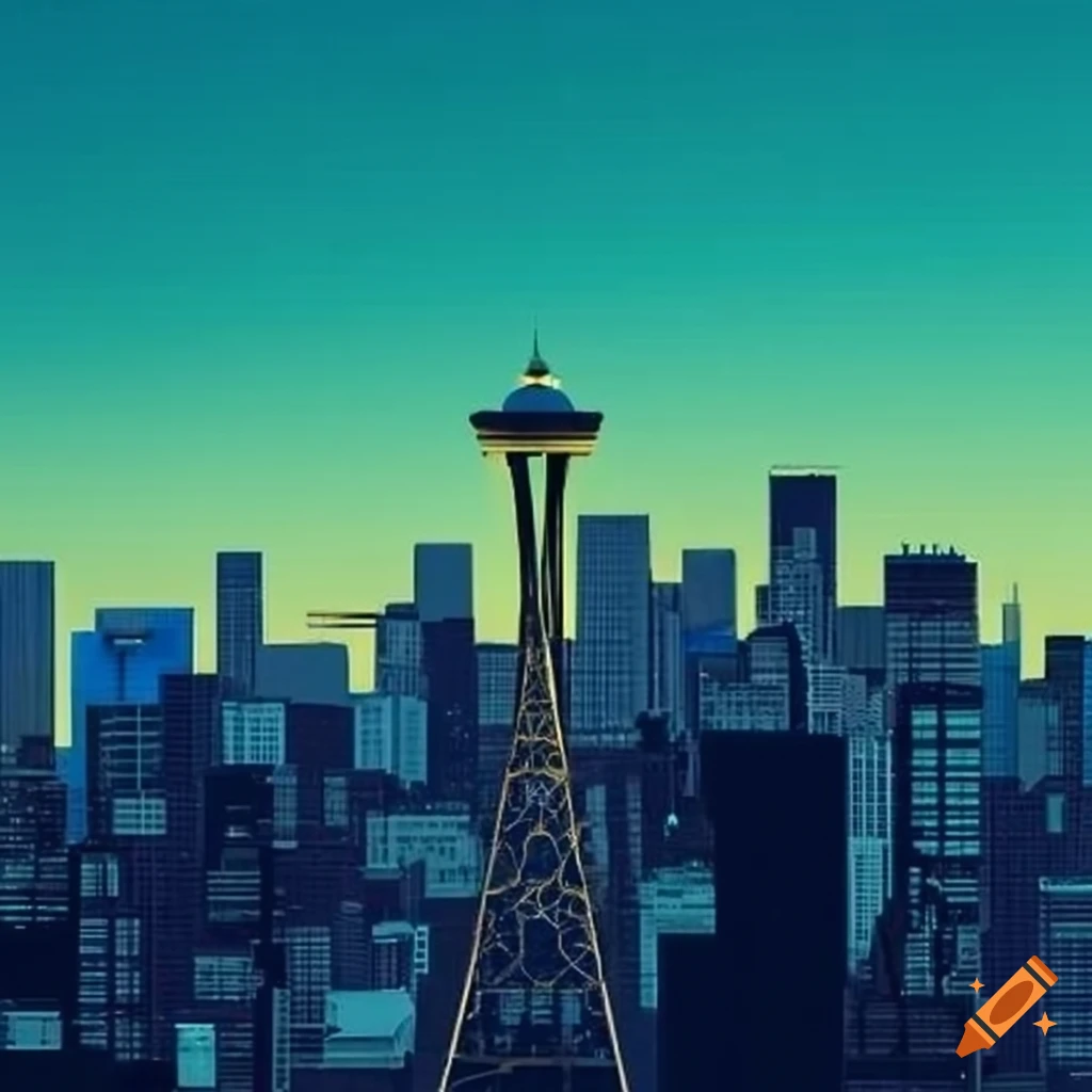 Seattle skyline in blue and green colors on Craiyon