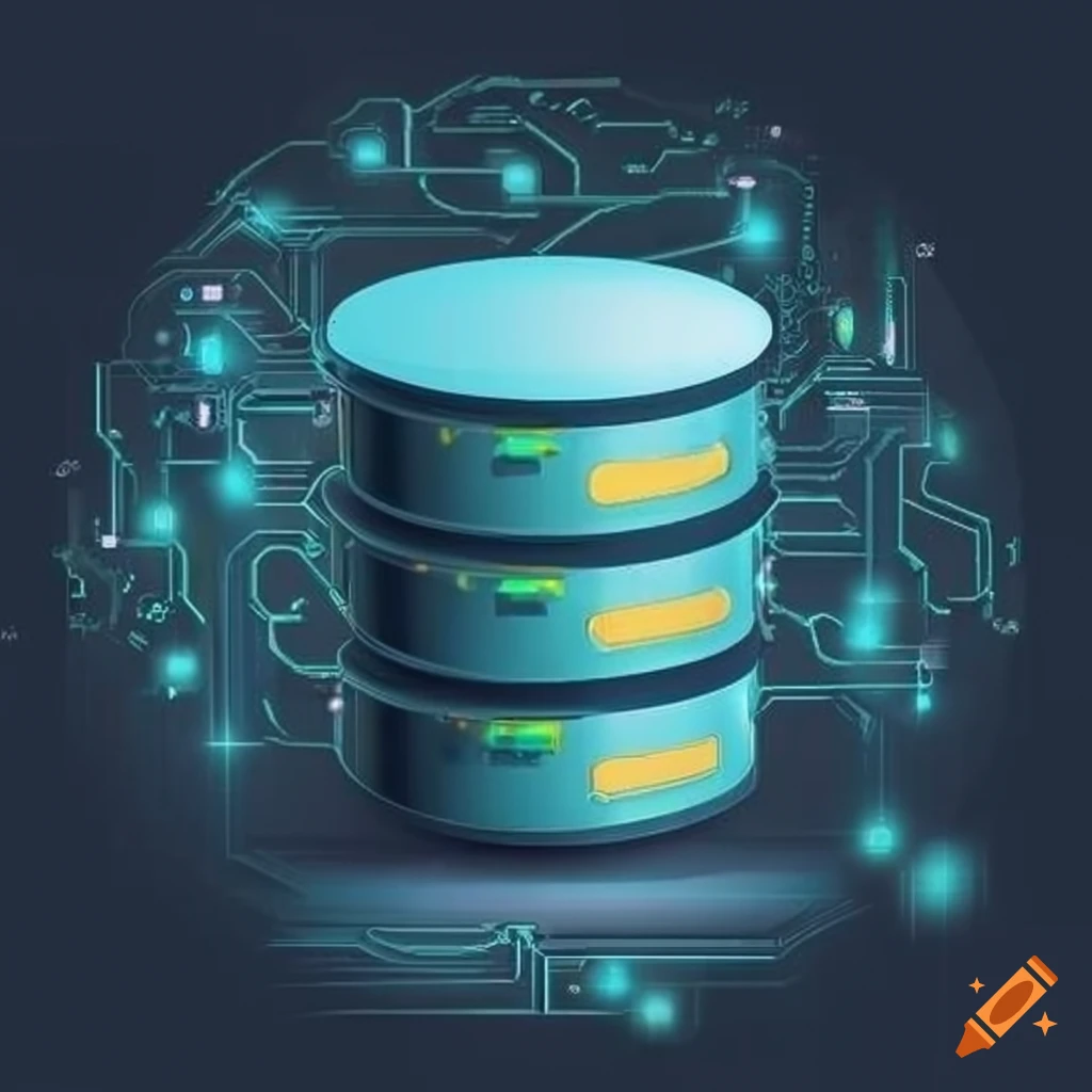 Database server surrounded by data designs and electric circuit schematic on Craiyon