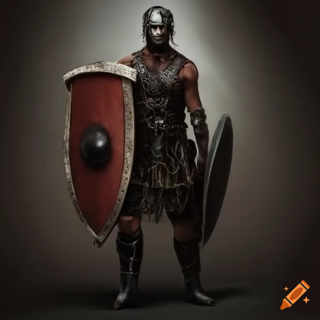 Warrior in black leather clothes with dual shields on Craiyon