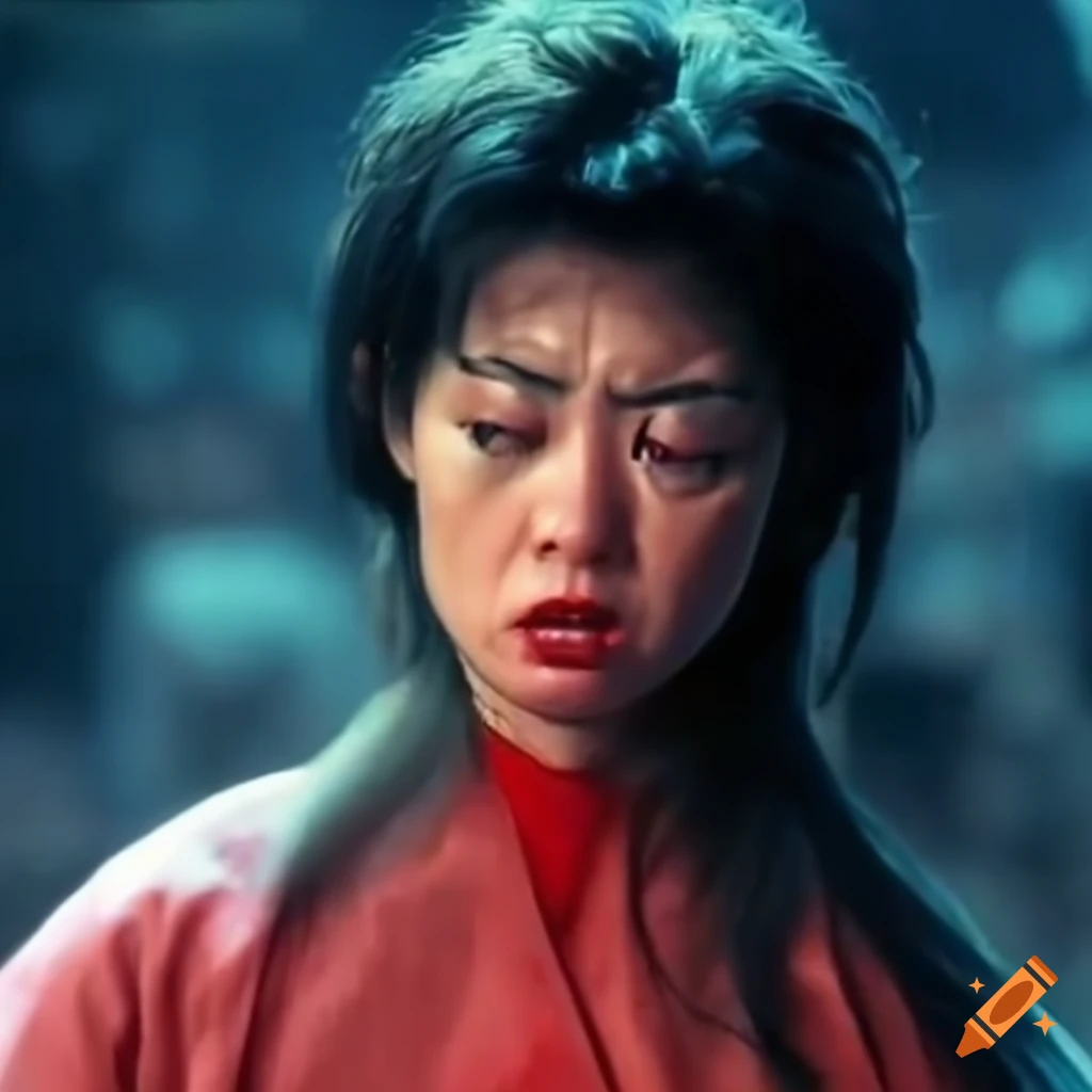 Bruised asian woman fighter with wobbly dizzy expression in kungfu ...