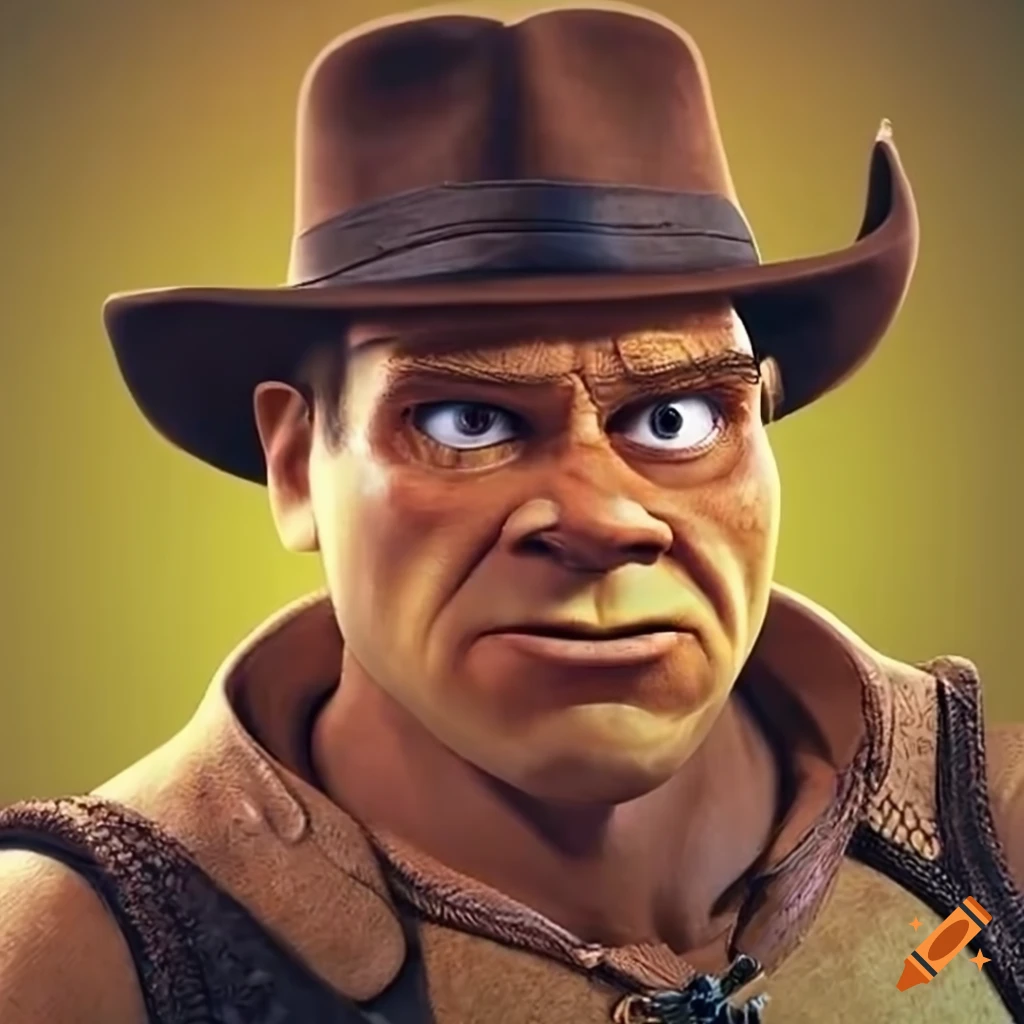 Shrek as indiana jones in a humorous crossover on Craiyon