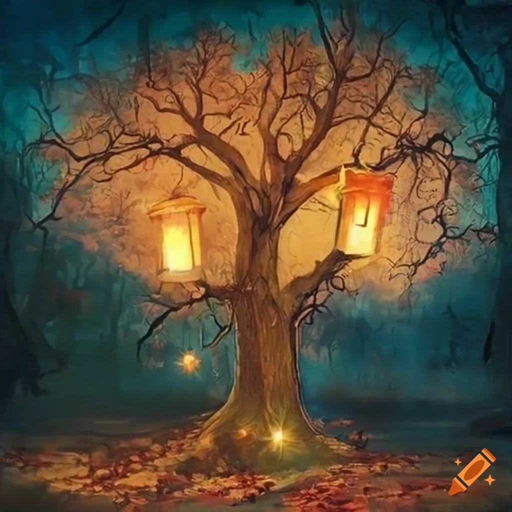 Magical medieval painting of an oak tree with glowing lanterns on Craiyon