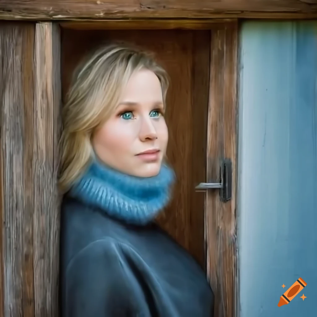 Close-up side view of actress resembling Kristen Bell at age 20 in pale ...