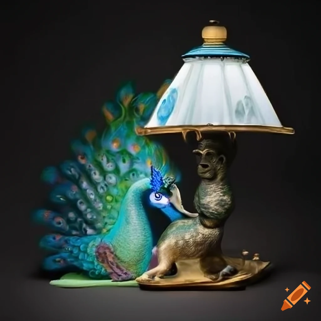 Lamp with monkey, peacock, and unicorn on Craiyon