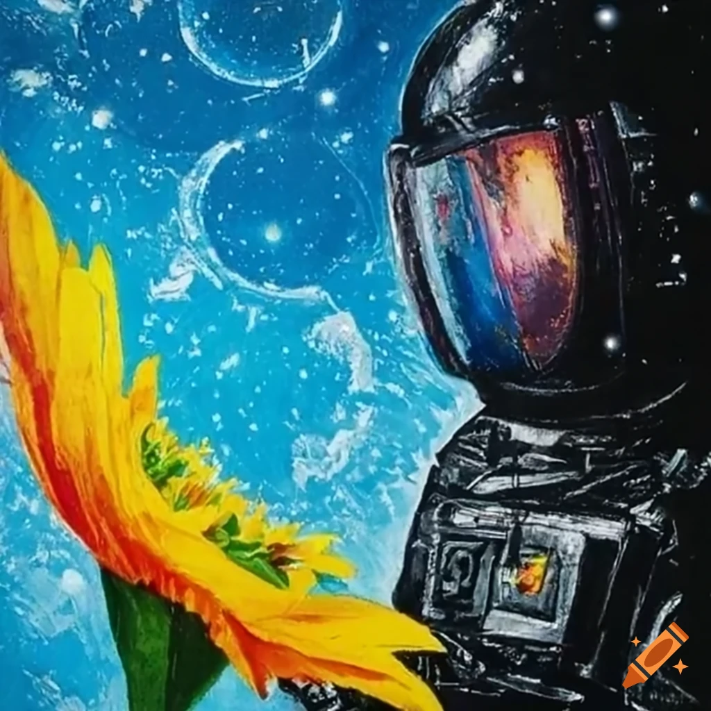 Astronaut surrounded by sunflowers in space, crayon drawing on Craiyon