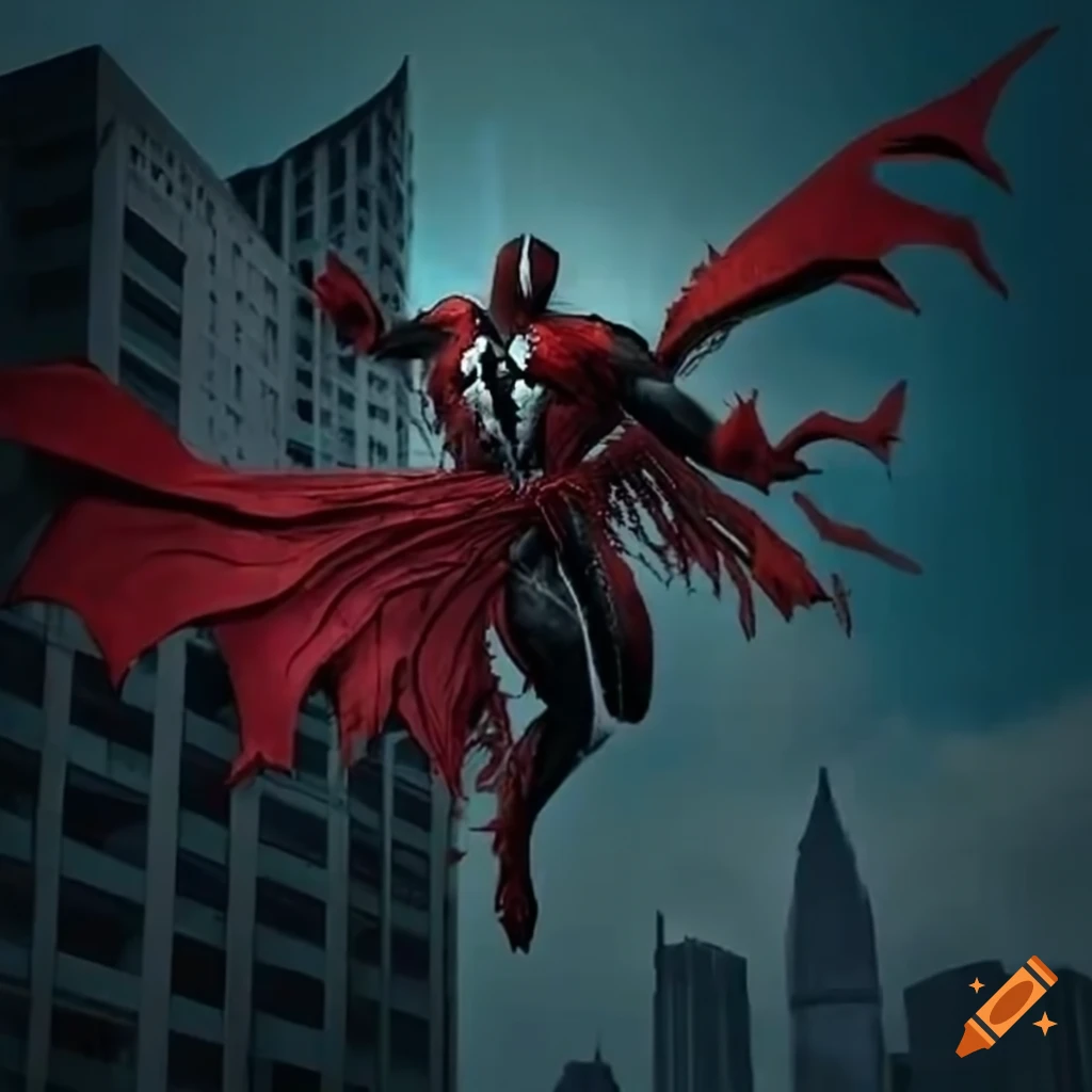 Spawn leaping off a building with a flowing cape on Craiyon