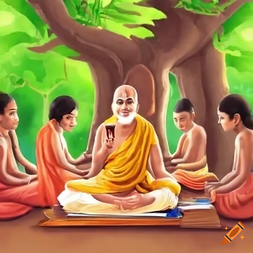 Gurukul students studying vedas with guru under neem tree on Craiyon