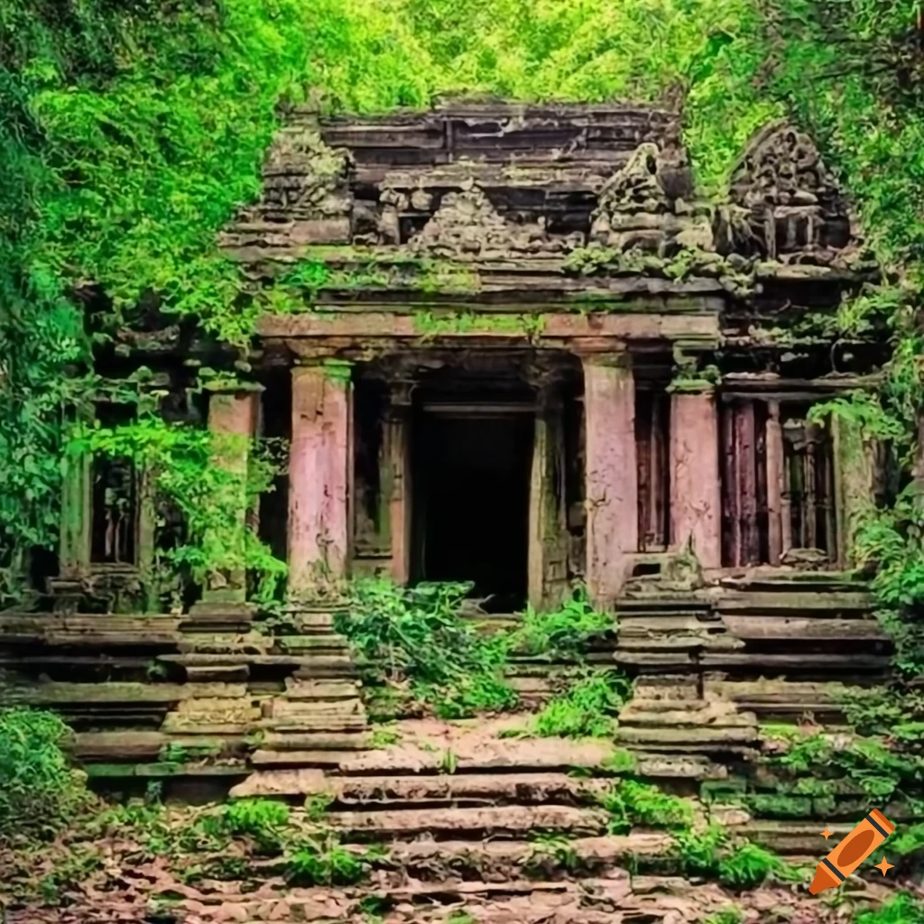 Dilapidated temple entrance overgrown with foliage on Craiyon