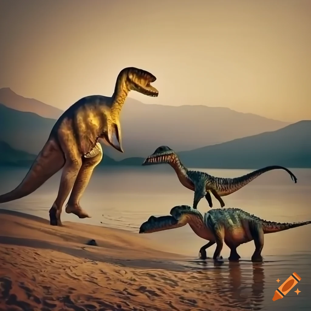 Striped hadrosaurus dinosaurs by a lake in cold morning light, andrey ...