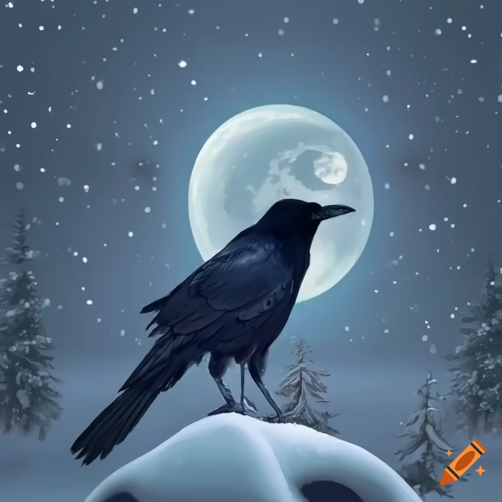 Crow in moonlit snow with trees in the background on Craiyon
