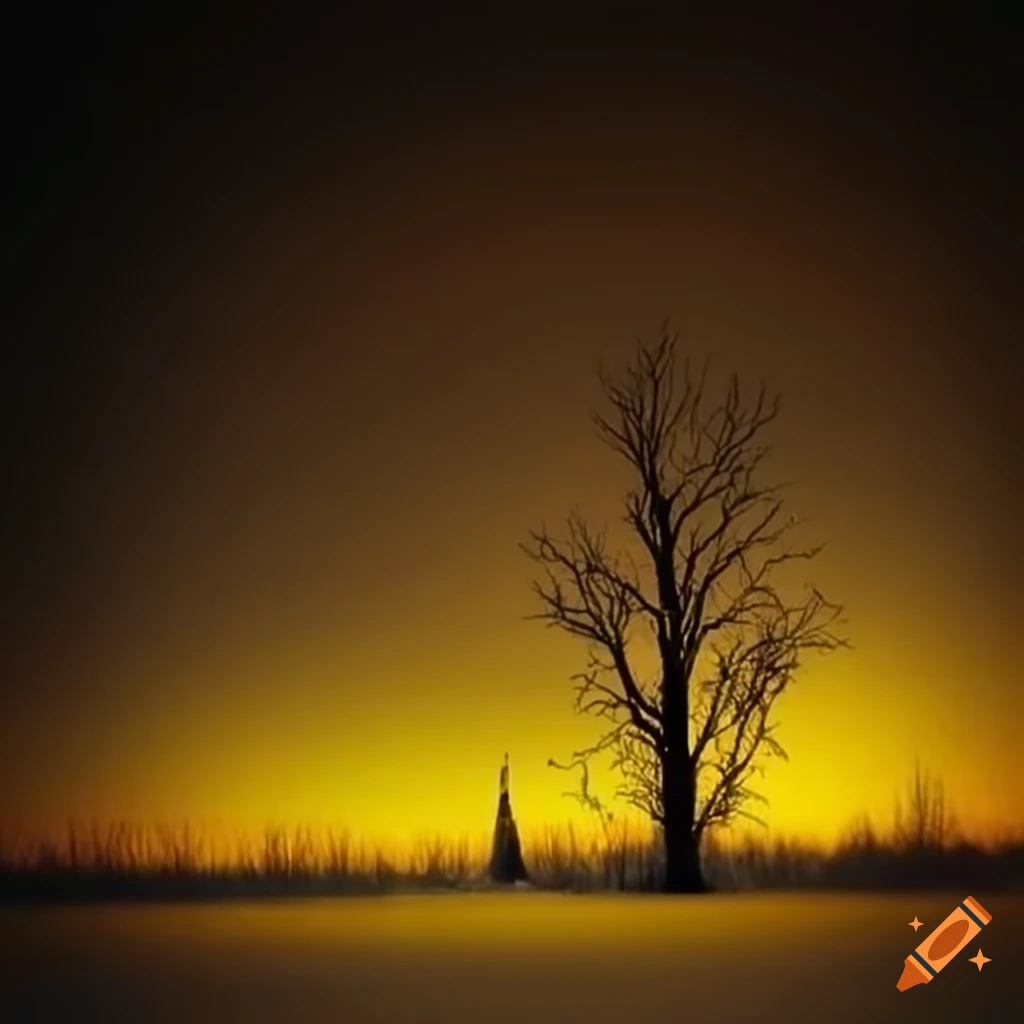 Eerie and spooky winter landscape with yellowish hues on Craiyon