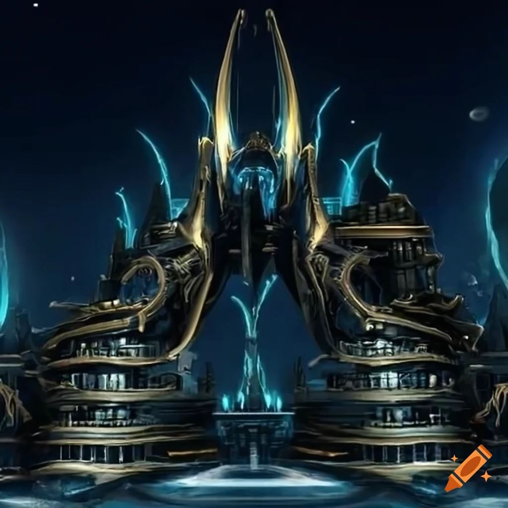Protoss golden and black biomechanical architecture in a modern lunar ...