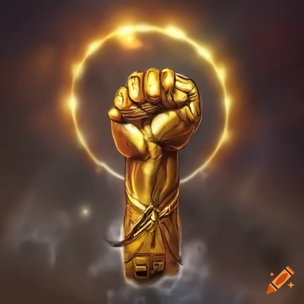 Shining golden holy fist with light halo on Craiyon