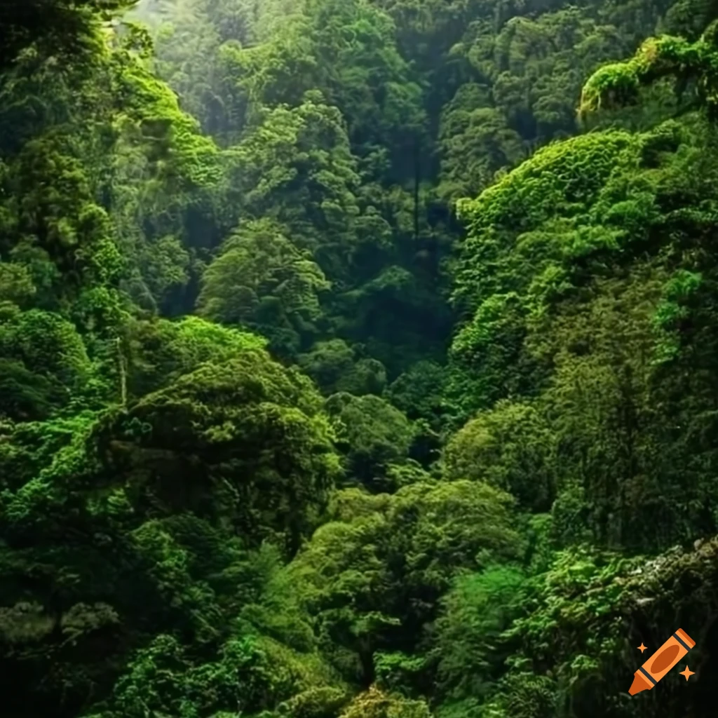 High altitude view of a rainforest canopy on Craiyon