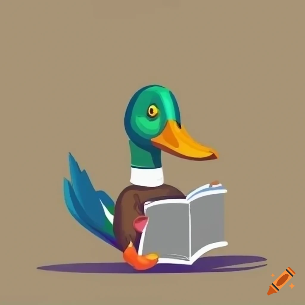 Minimalist cartoon of mallard duck studying a book on Craiyon