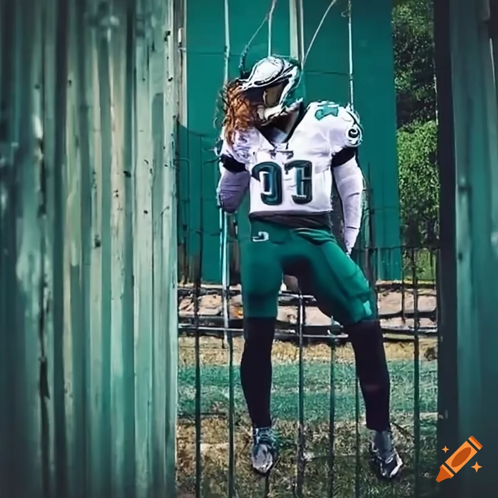 Woman in Philadelphia Eagles jersey hanging from fence by leg on Craiyon